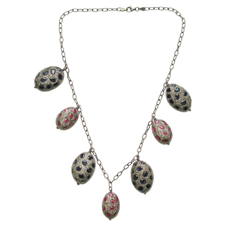 Sapphire and Ruby Nugget Shape Pave Diamond Beads Necklace For Sale at ...