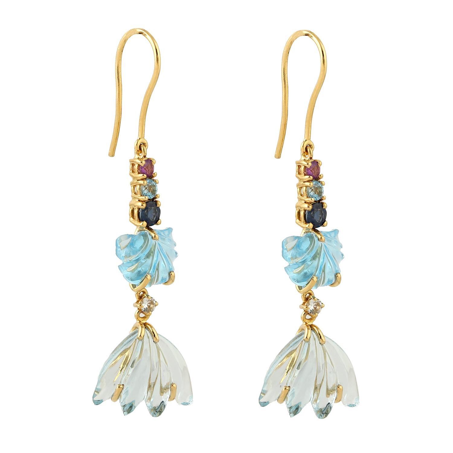 Multi Gemstone Carvings Dangle Earrings Made In 18k Yellow Gold For Sale at 1stDibs
