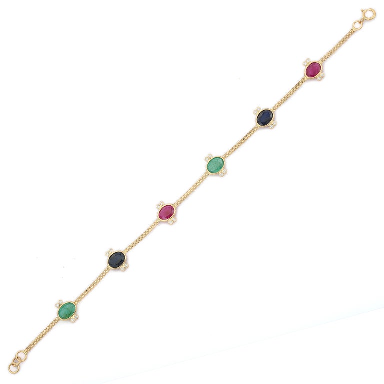 Multi Gemstone Chain Bracelet in 18K Yellow Gold For Sale at 1stDibs