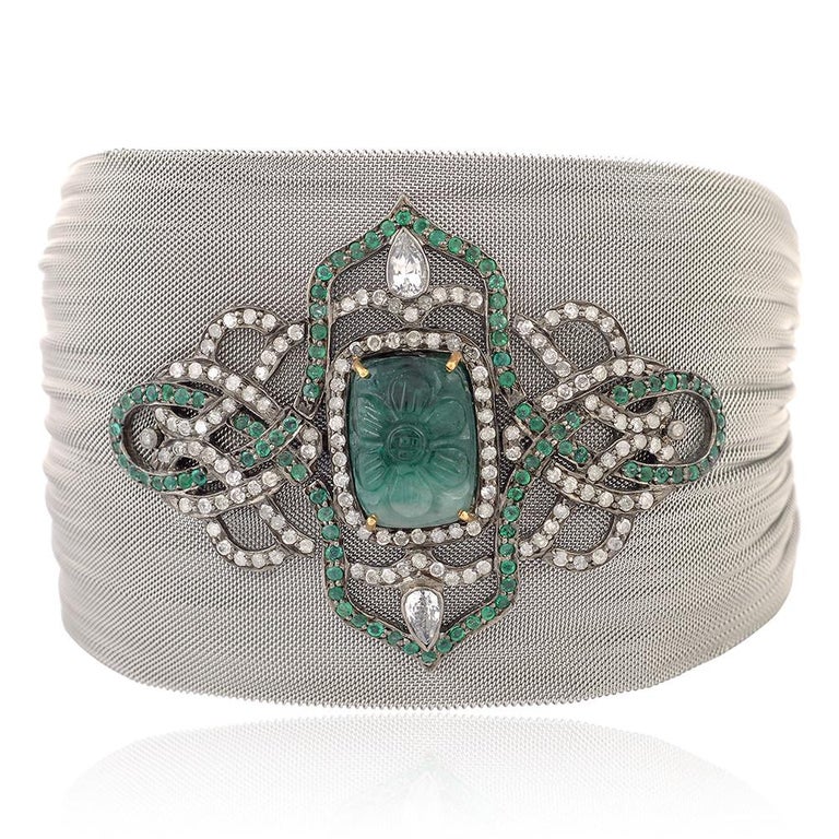 Carved Emerald Motif On Grey Mesh Steel Cuff Made In 18k Gold and ...