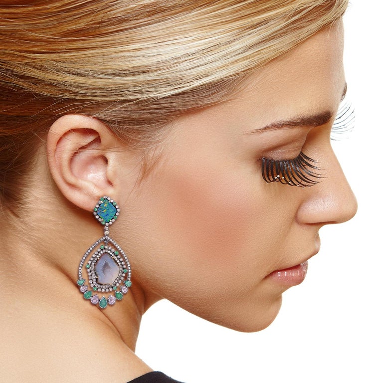 Multi Gemstone Earring with Rose Cut and Pave Diamonds Made in 18k Gold ...