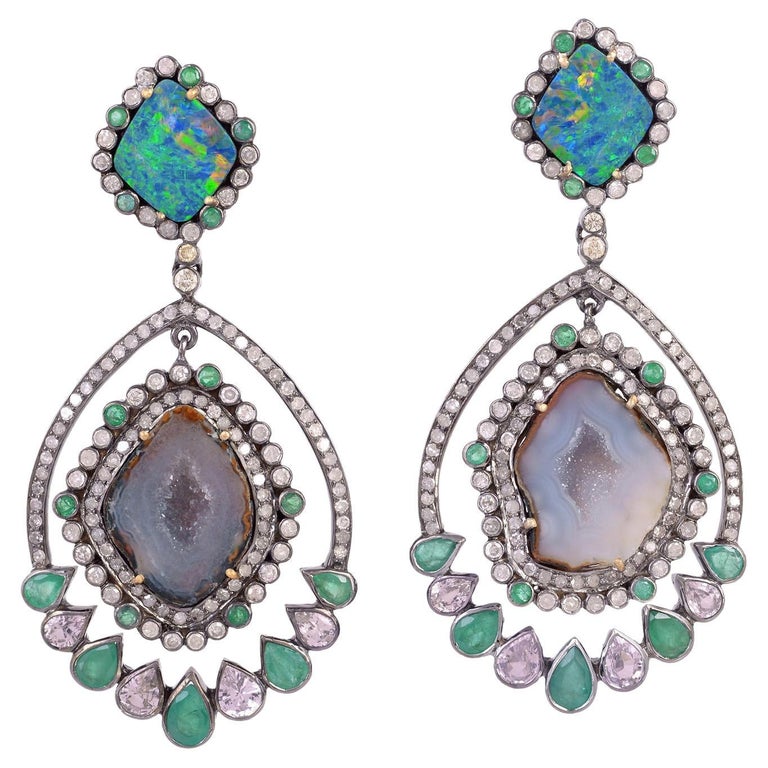Multi Gemstone Earring with Rose Cut and Pave Diamonds Made in 18k Gold ...