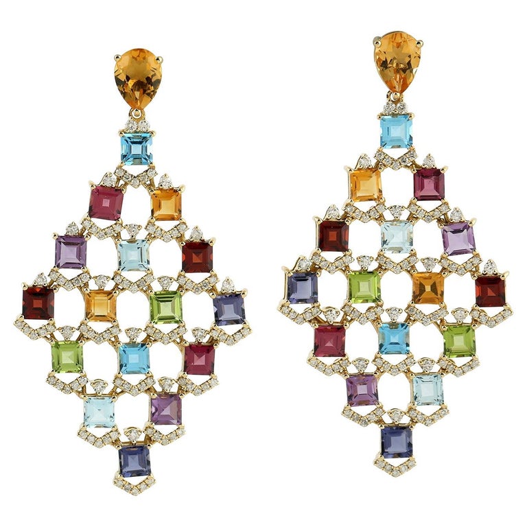 Multi Gemstone Rainbow Colored Dangle Earring with Diamonds Made in 18k ...