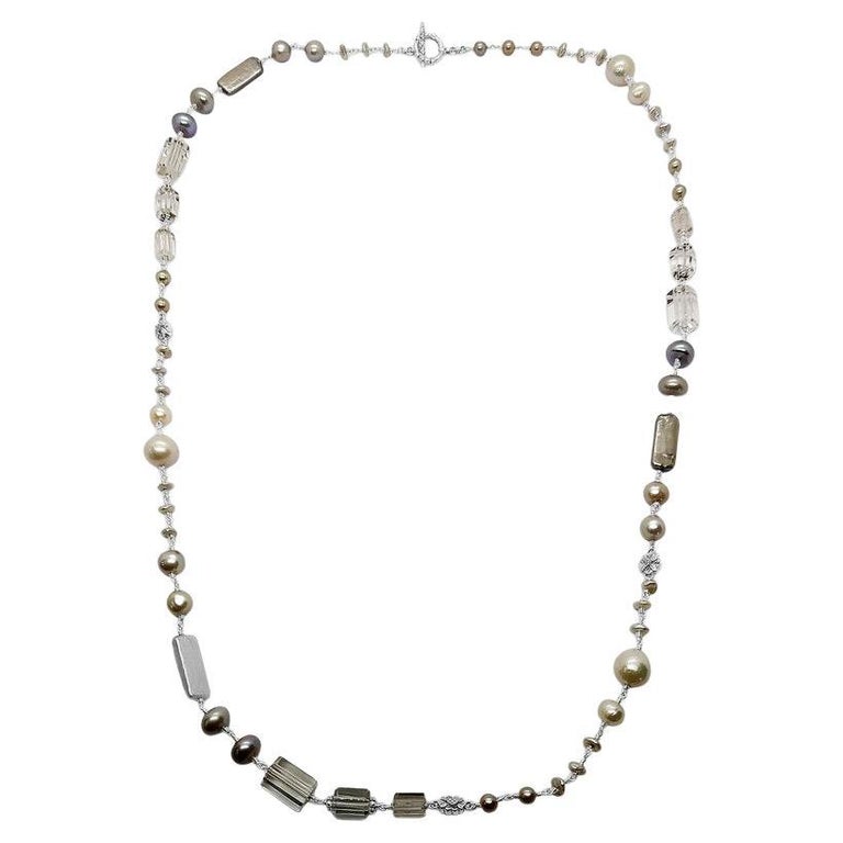 Multi-Hued Pearls and Natural Quartz Engraved Necklace in Sterling ...