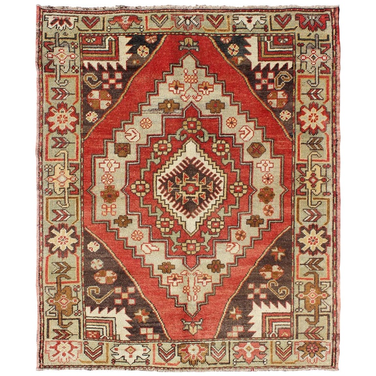 Multi-Layered Medallion Vintage Turkish Oushak Rug in Red, Brown, Mint ...