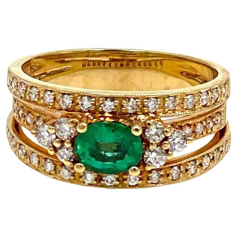 Multi Row Emerald and Diamond Ring in 18k Yellow Gold For Sale at 1stDibs