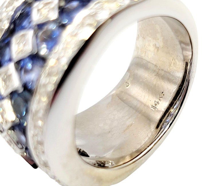 Multi Row Natural Blue Sapphire and Diamond Wide 14 Karat White Gold ...