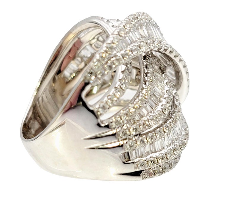 Multi Row Round and Baguette Diamond 18 Karat White Gold Crossover Band ...