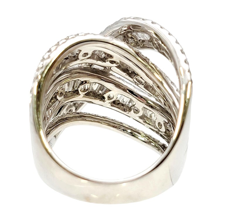 Multi Row Round and Baguette Diamond 18 Karat White Gold Crossover Band ...