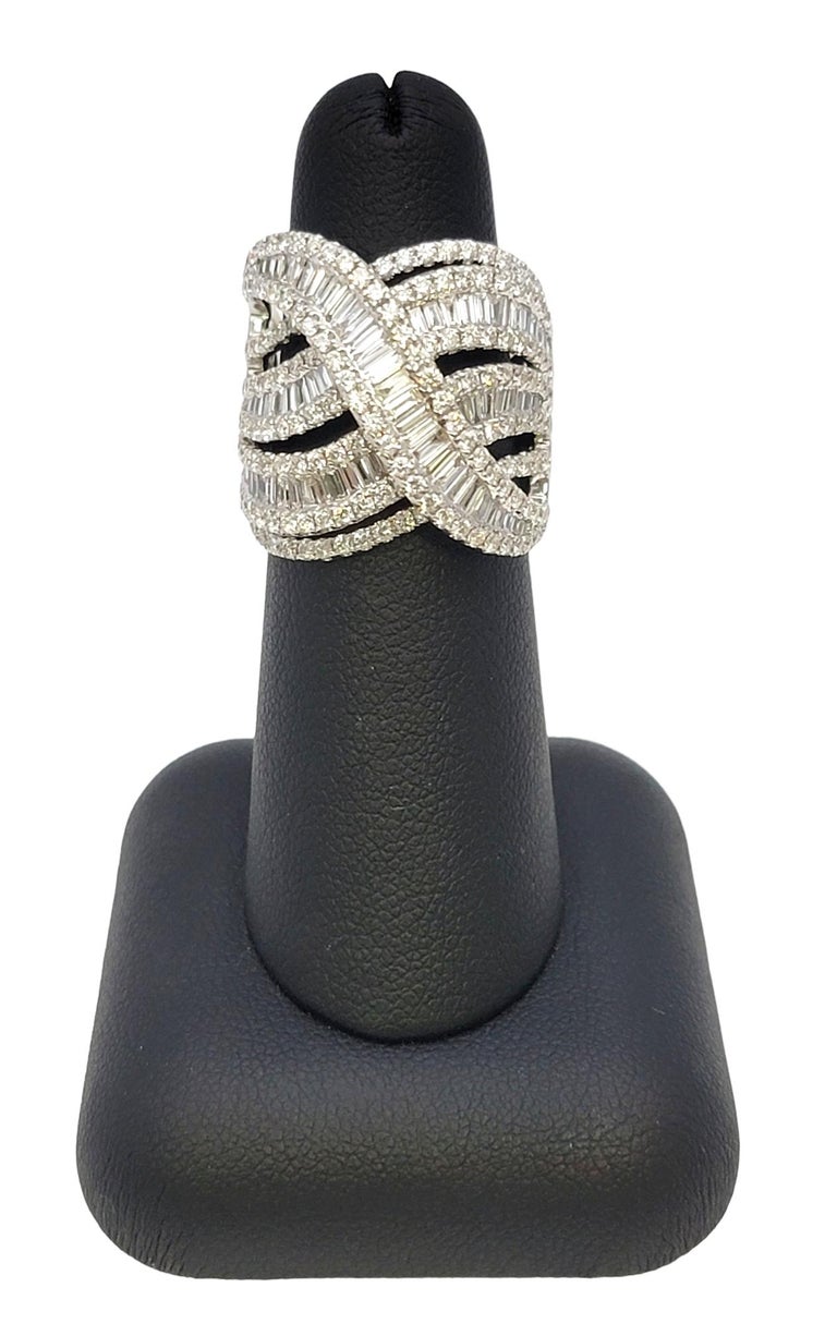 Multi Row Round and Baguette Diamond 18 Karat White Gold Crossover Band ...