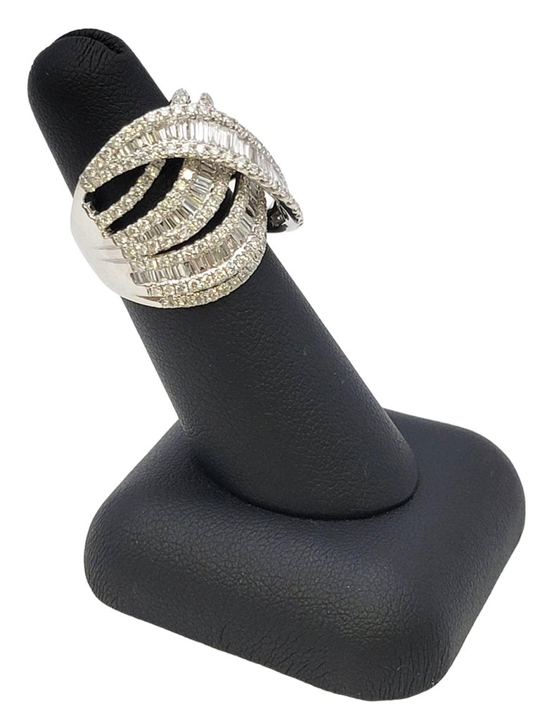 Multi Row Round and Baguette Diamond 18 Karat White Gold Crossover Band ...