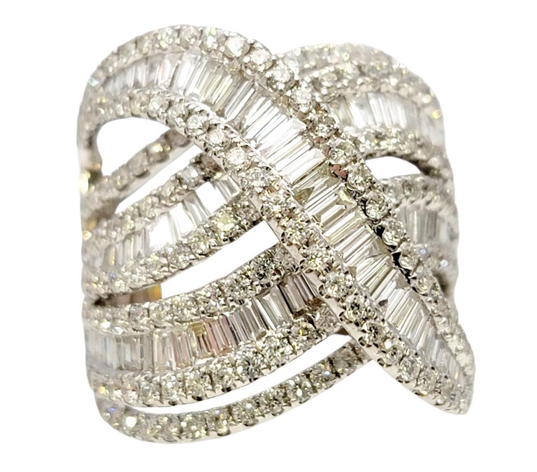 Multi Row Round and Baguette Diamond 18 Karat White Gold Crossover Band ...
