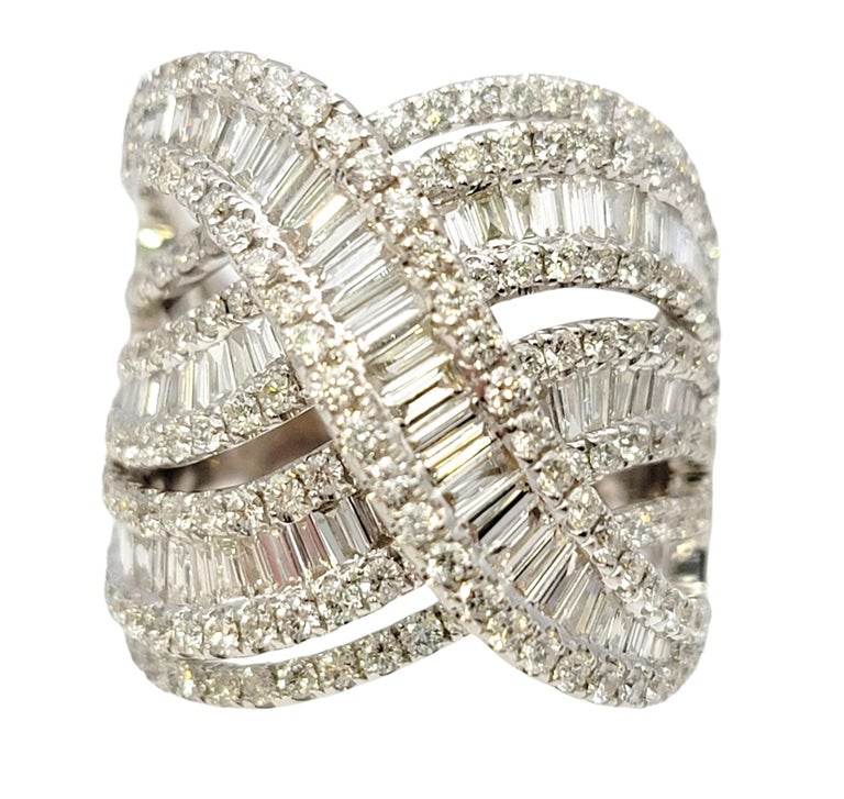 Multi Row Round and Baguette Diamond 18 Karat White Gold Crossover Band ...