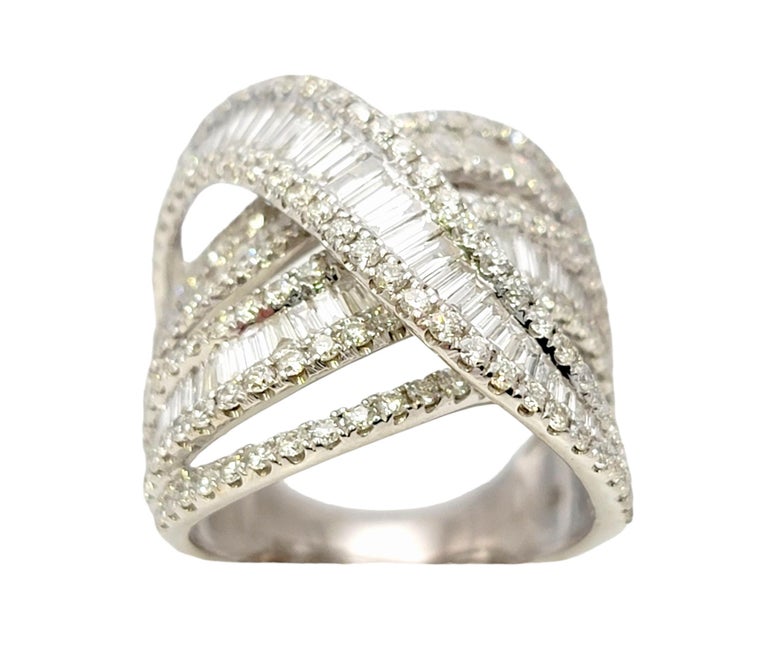 Multi Row Round and Baguette Diamond 18 Karat White Gold Crossover Band ...