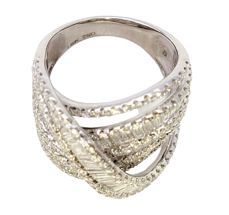 Multi Row Round and Baguette Diamond 18 Karat White Gold Crossover Band ...