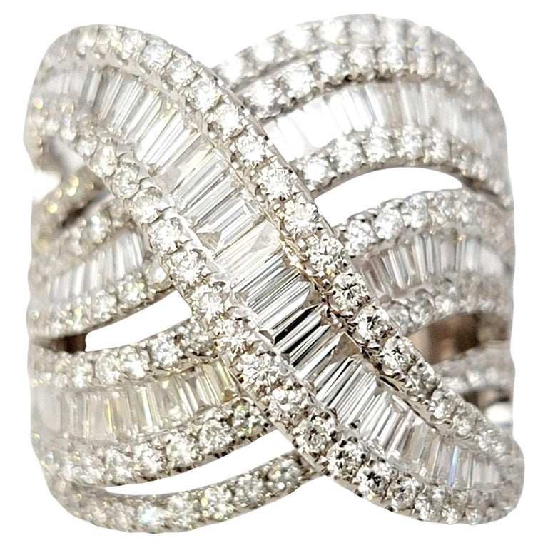 Multi Row Round and Baguette Diamond 18 Karat White Gold Crossover Band ...