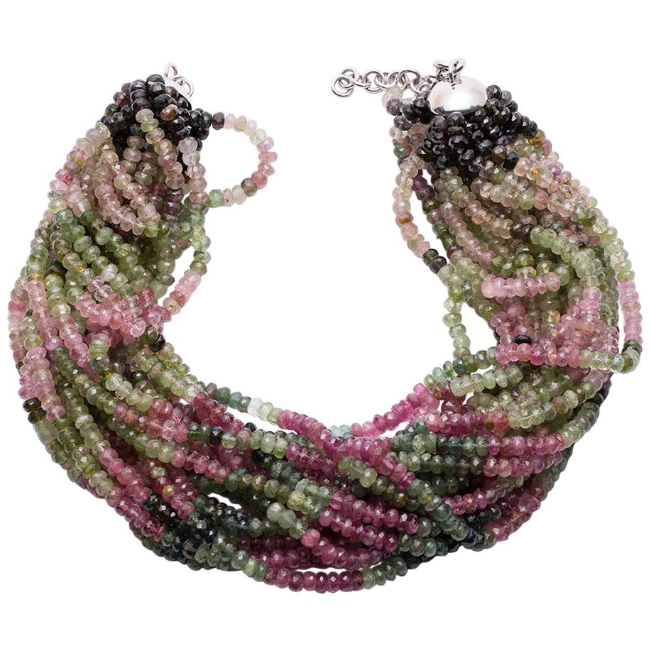 Multi-Row Watermelon Tourmaline Gold Necklace For Sale at 1stDibs