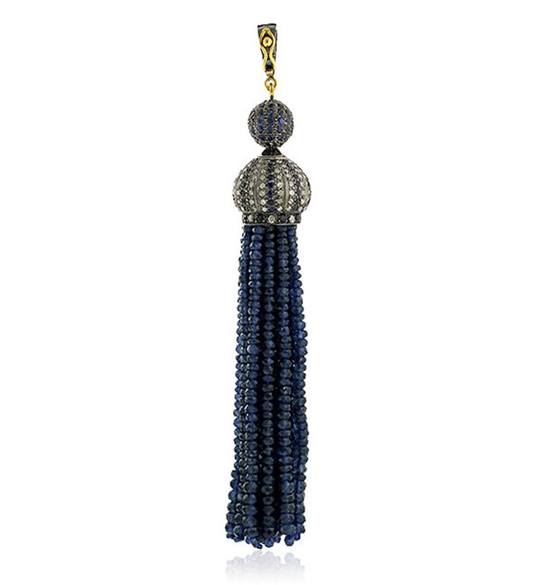 Blue Sapphire Tassel Pendant With Emerald and Diamonds Made in 18k Gold ...