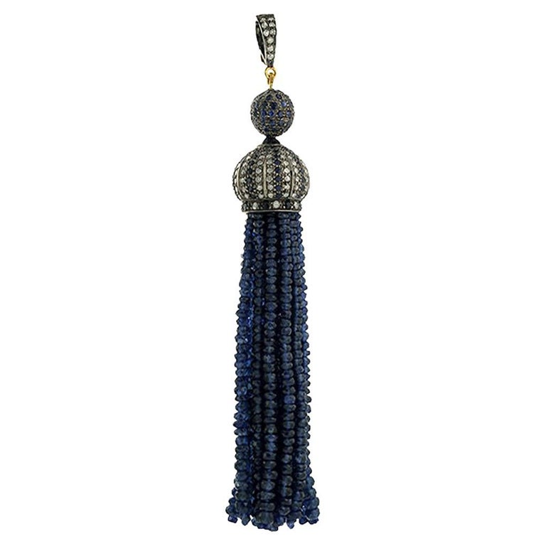 Blue Sapphire Tassel Pendant With Emerald and Diamonds Made in 18k Gold ...
