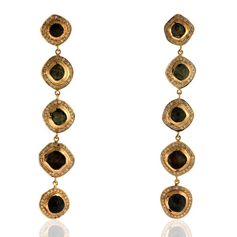 Organic Shaped Rough Ice Diamonds Dangle Earrings Made in 18k Yellow ...