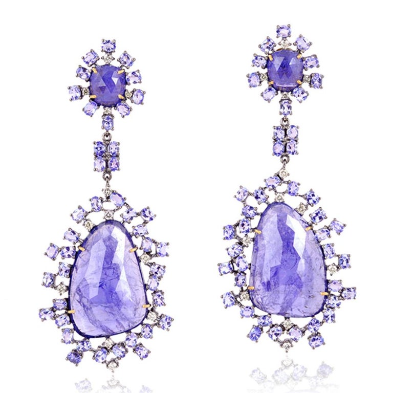 Organic Shaped Tanzanite Drop Earrings With Diamonds Made In 18k Gold ...