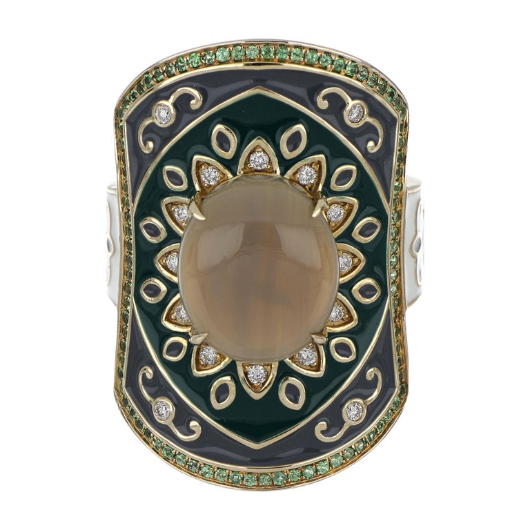 Multi Stone Enamel Ring with Diamonds in 14 Karat Yellow Gold For Sale ...