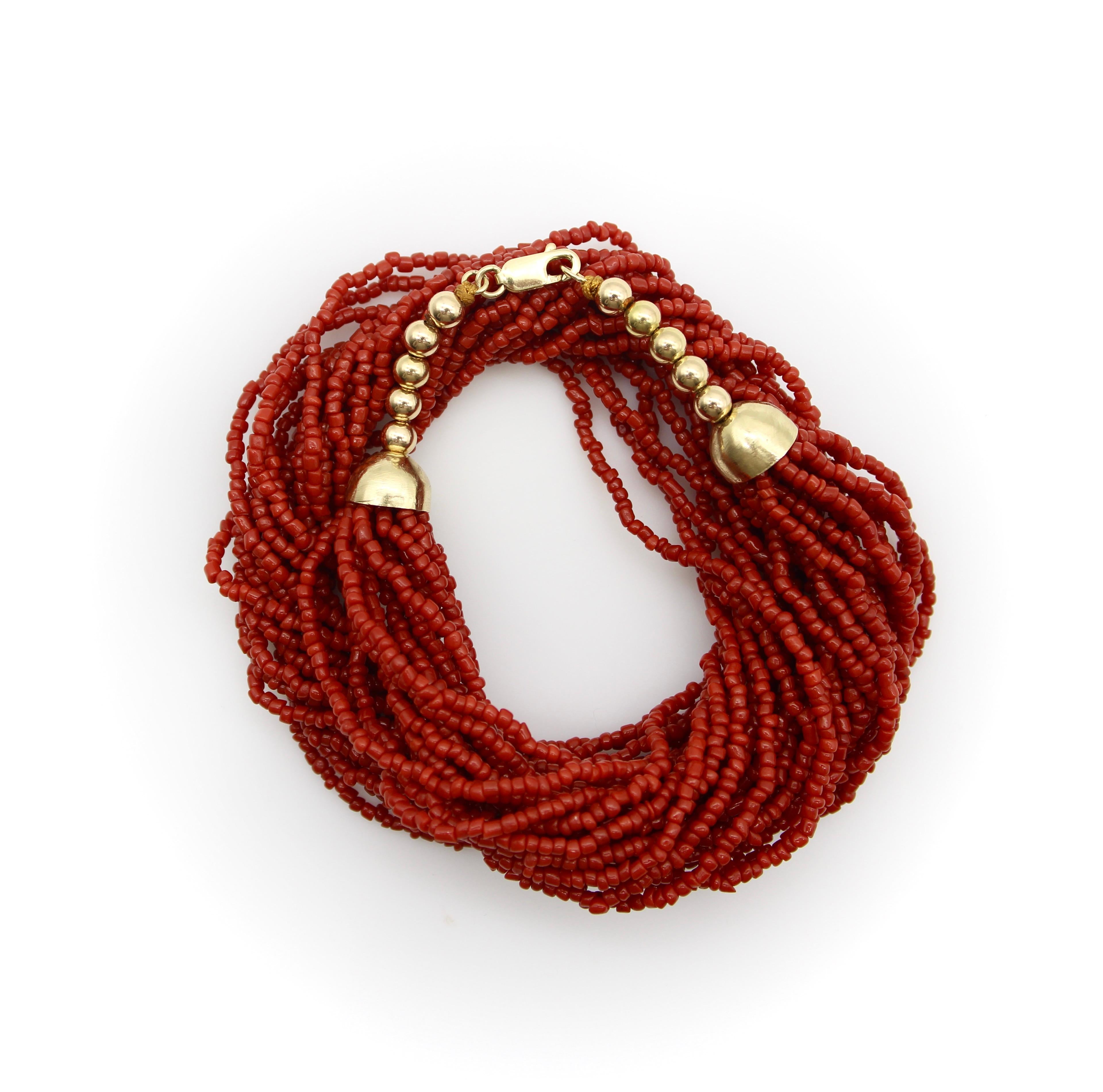 Multi-Strand Deep Red Coral Bead Necklace with 14k Gold Clasp For Sale ...