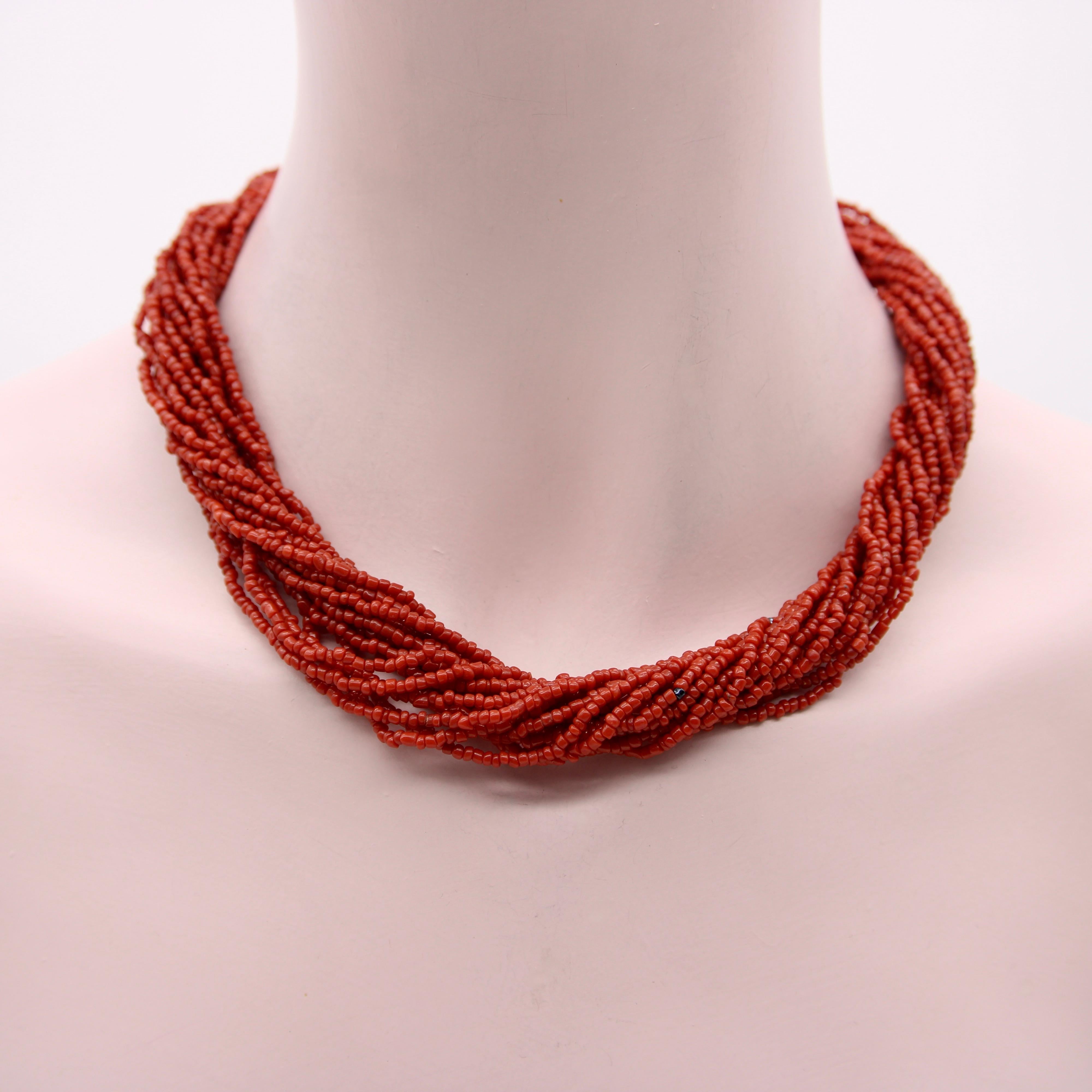 Multi-Strand Deep Red Coral Bead Necklace with 14k Gold Clasp For Sale ...