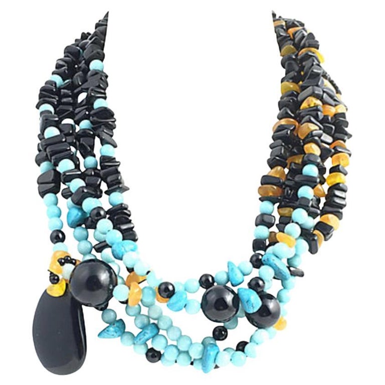 Multi Strand Onyx Amber Turquoise Bead Necklace For Sale at 1stDibs