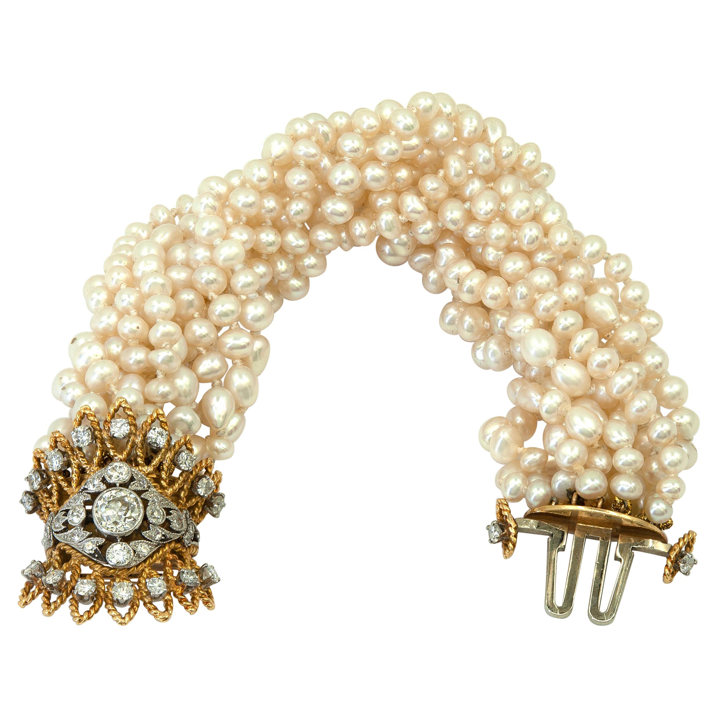 Van Cleef and Arpels Diamond, Multi-Strand Pearl Bracelet For Sale at ...