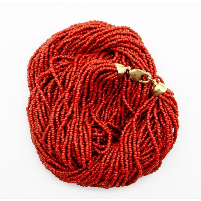 Multi-Strand Red Coral Torsade Bead Necklace with 14K Gold Clasp at 1stDibs