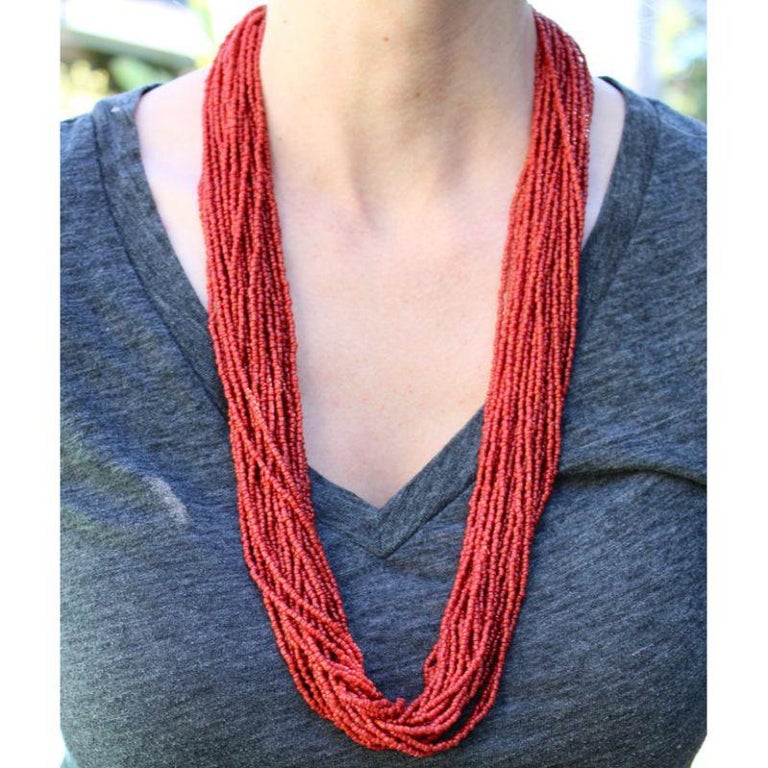 Multi-Strand Red Coral Torsade Bead Necklace with 14K Gold Clasp at 1stDibs