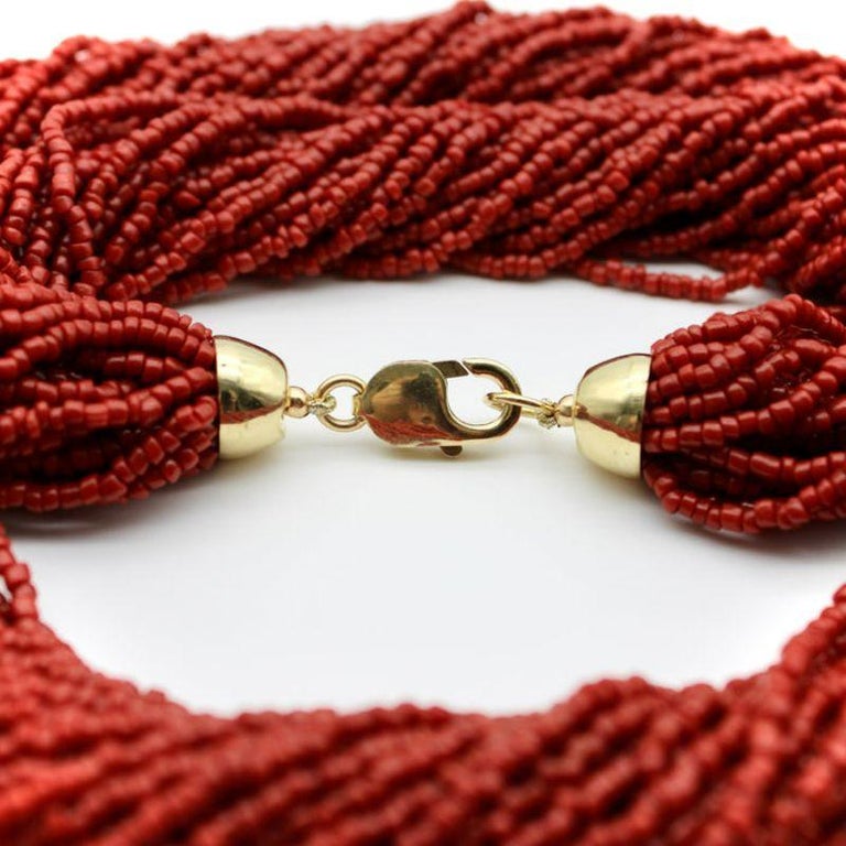 Multi-Strand Red Coral Torsade Bead Necklace with 14K Gold Clasp at 1stDibs