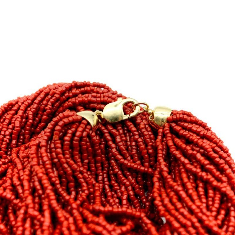 Multi-Strand Red Coral Torsade Bead Necklace with 14K Gold Clasp at 1stDibs