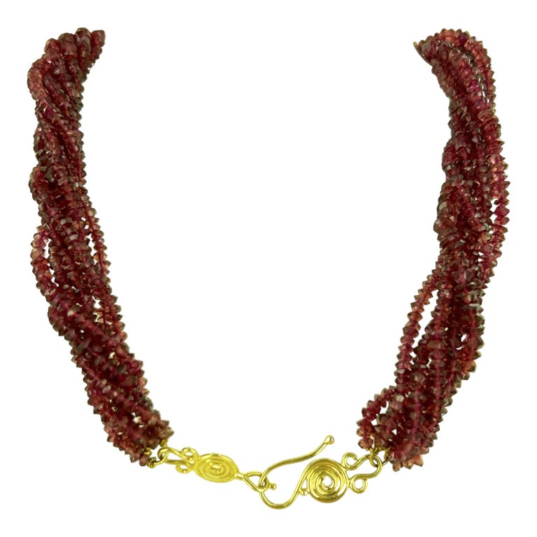 Multi-Strand Ruby Bead 14 Karat Yellow Gold Hook Clasp Necklace For ...