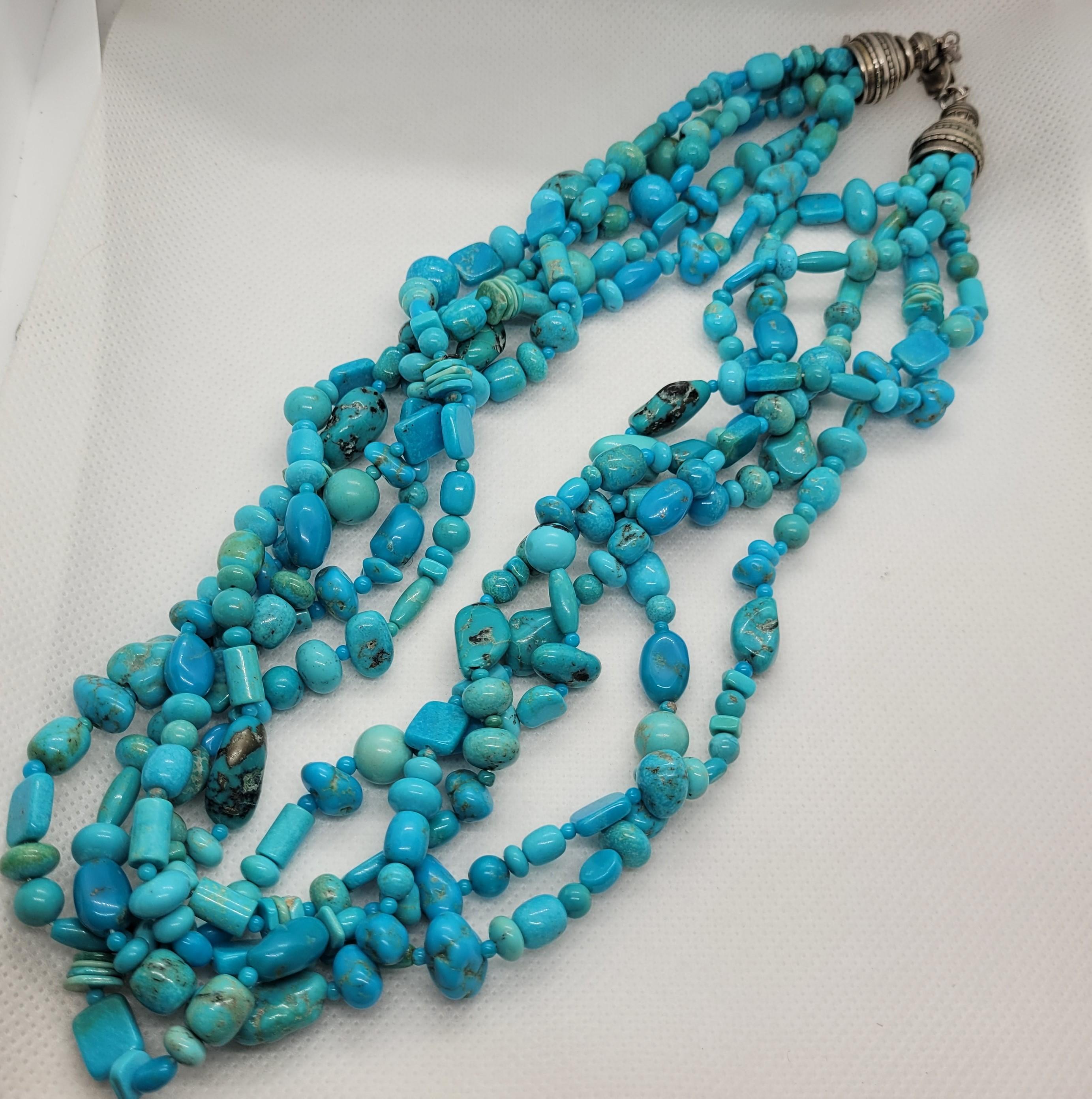 Multi-Strand Turquoise Necklace, Designer Silver Lobster Clasp, 5 ...
