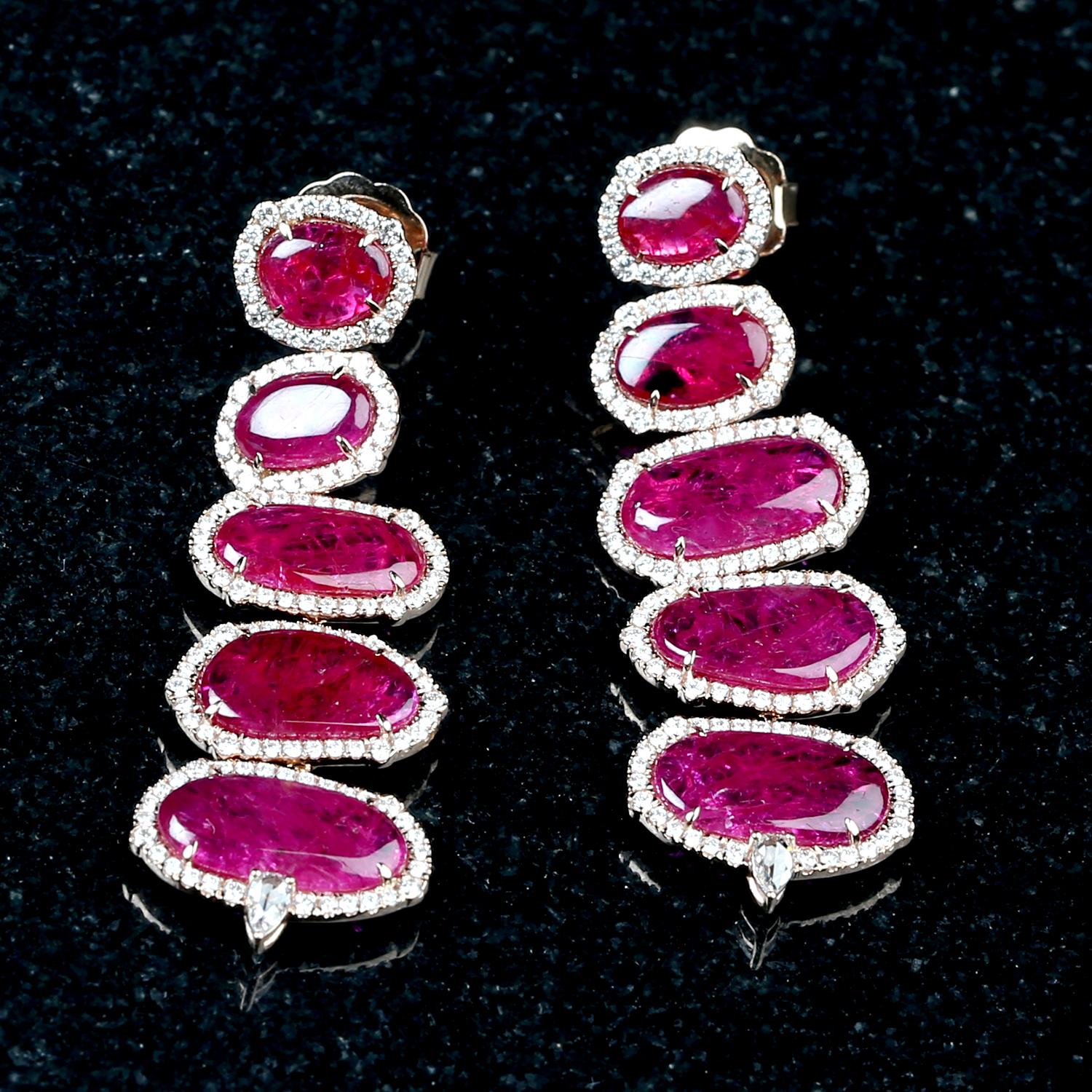 Multi Tier Ruby Dangle Earrings With Pave Diamonds Made In 18k Rose ...