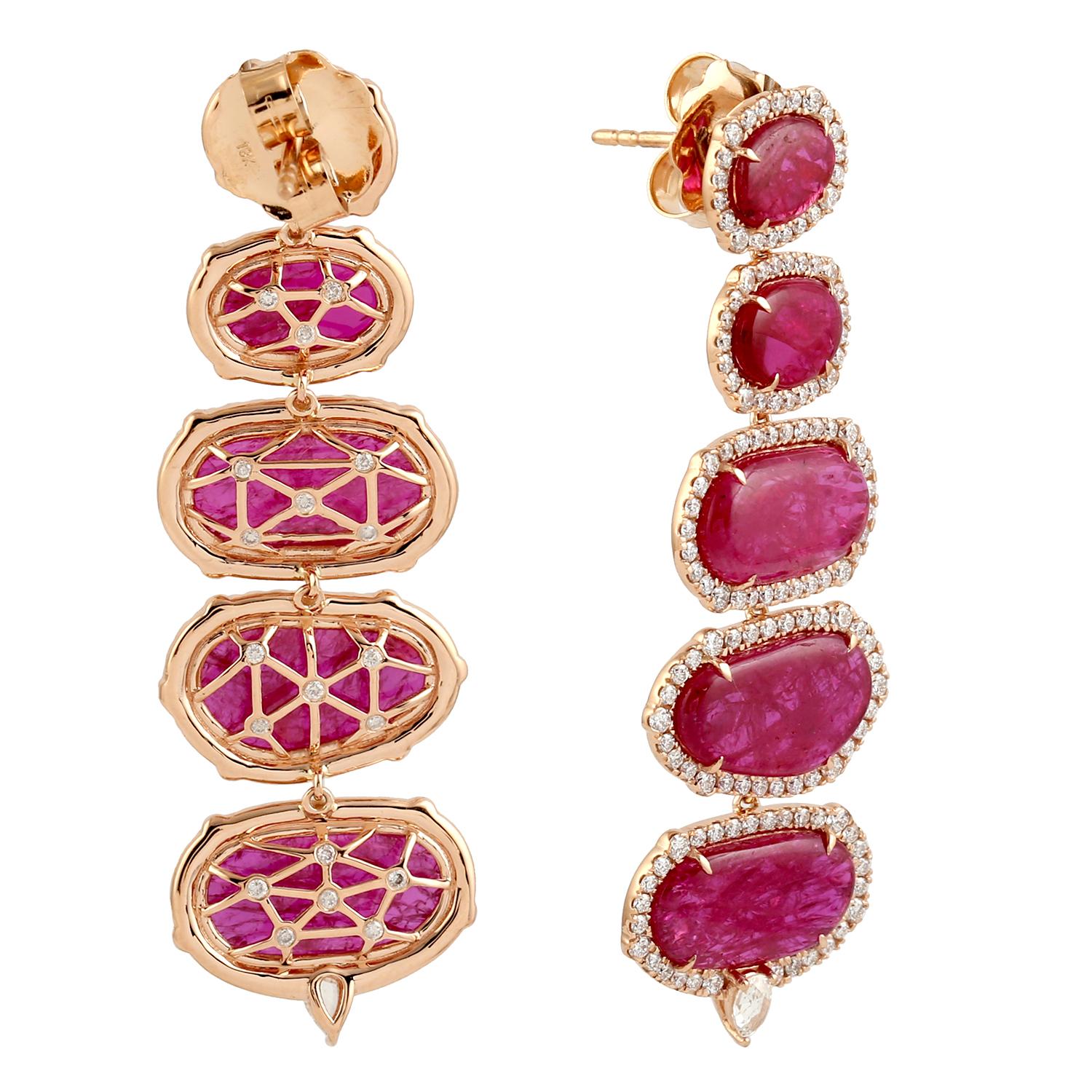 Multi Tier Ruby Dangle Earrings With Pave Diamonds Made In 18k Rose ...