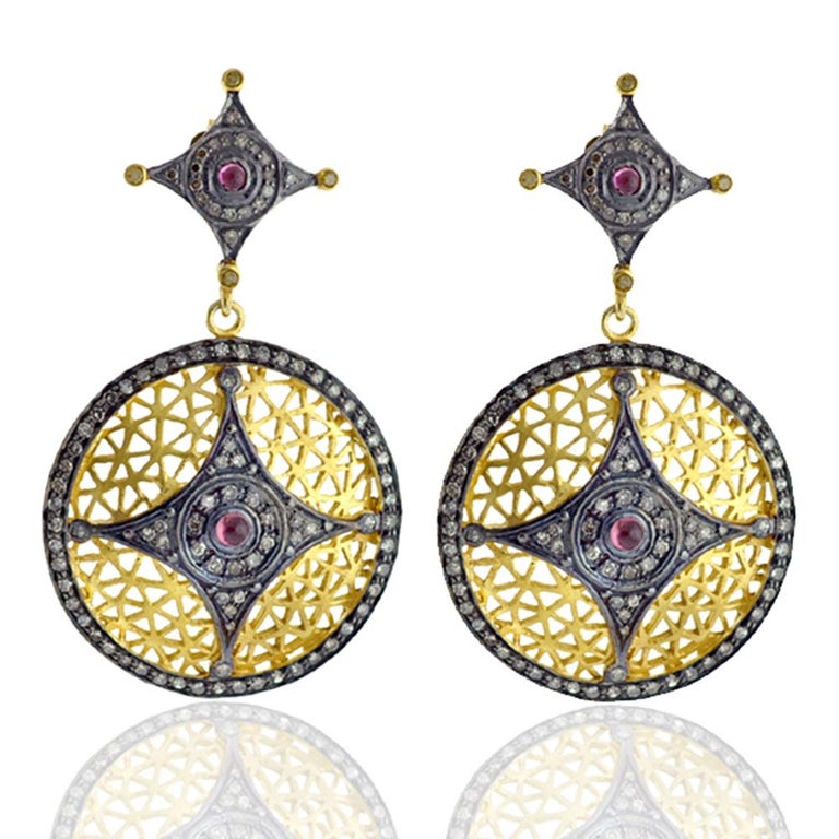 Pink Tourmaline and Diamonds Earrings with Filigree Work in 14k Gold ...