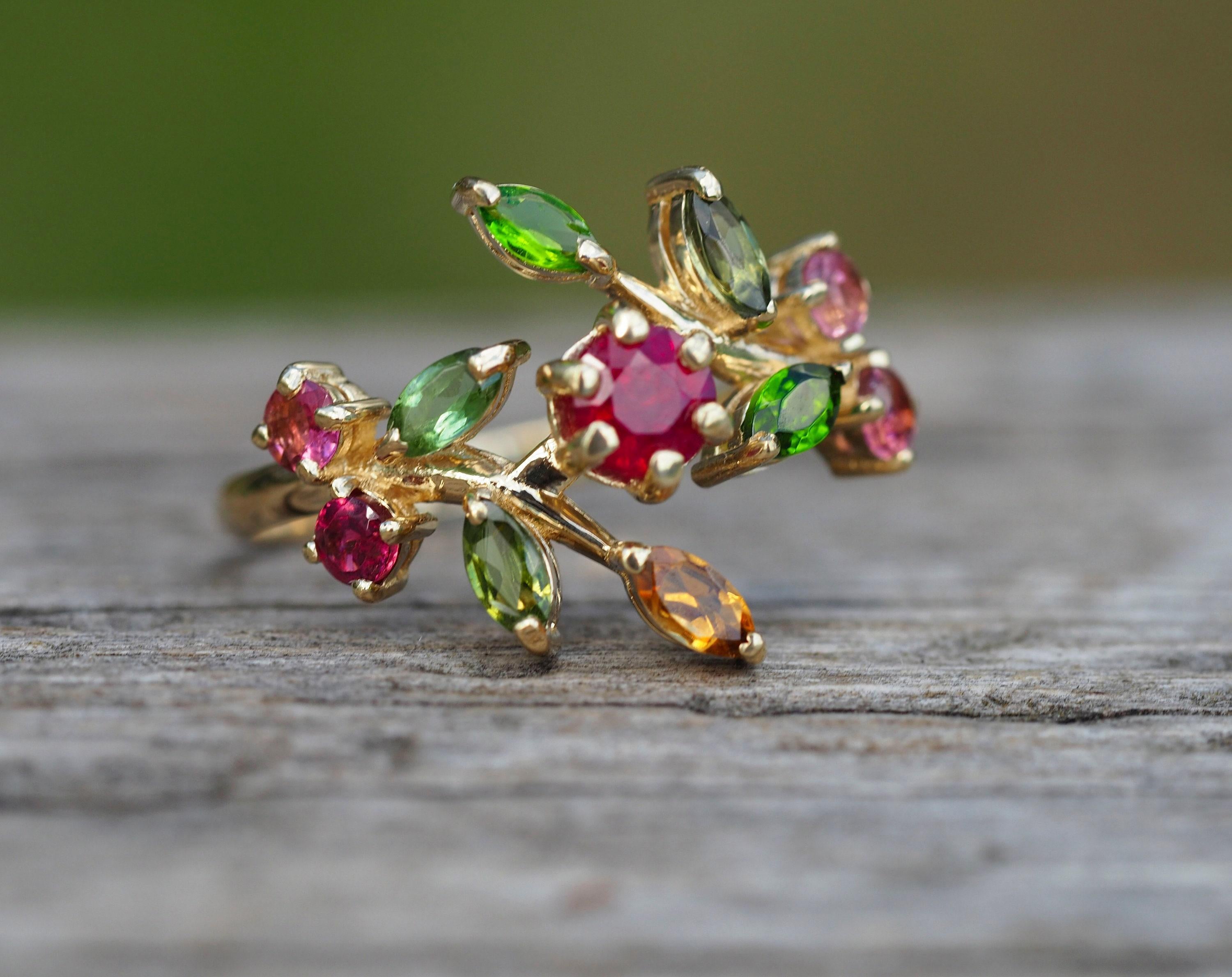Multicolor automn color gemstone ring in 14k gold For Sale at 1stDibs
