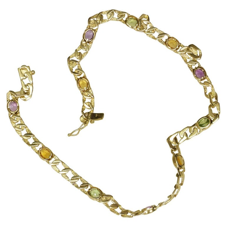 Multi-Color Gemstone Yellow Gold Curb Chain Necklace For Sale at 1stDibs