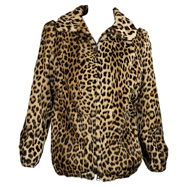 Multicolor Leopard-Print Fur Bomber Jacket For Sale at 1stDibs