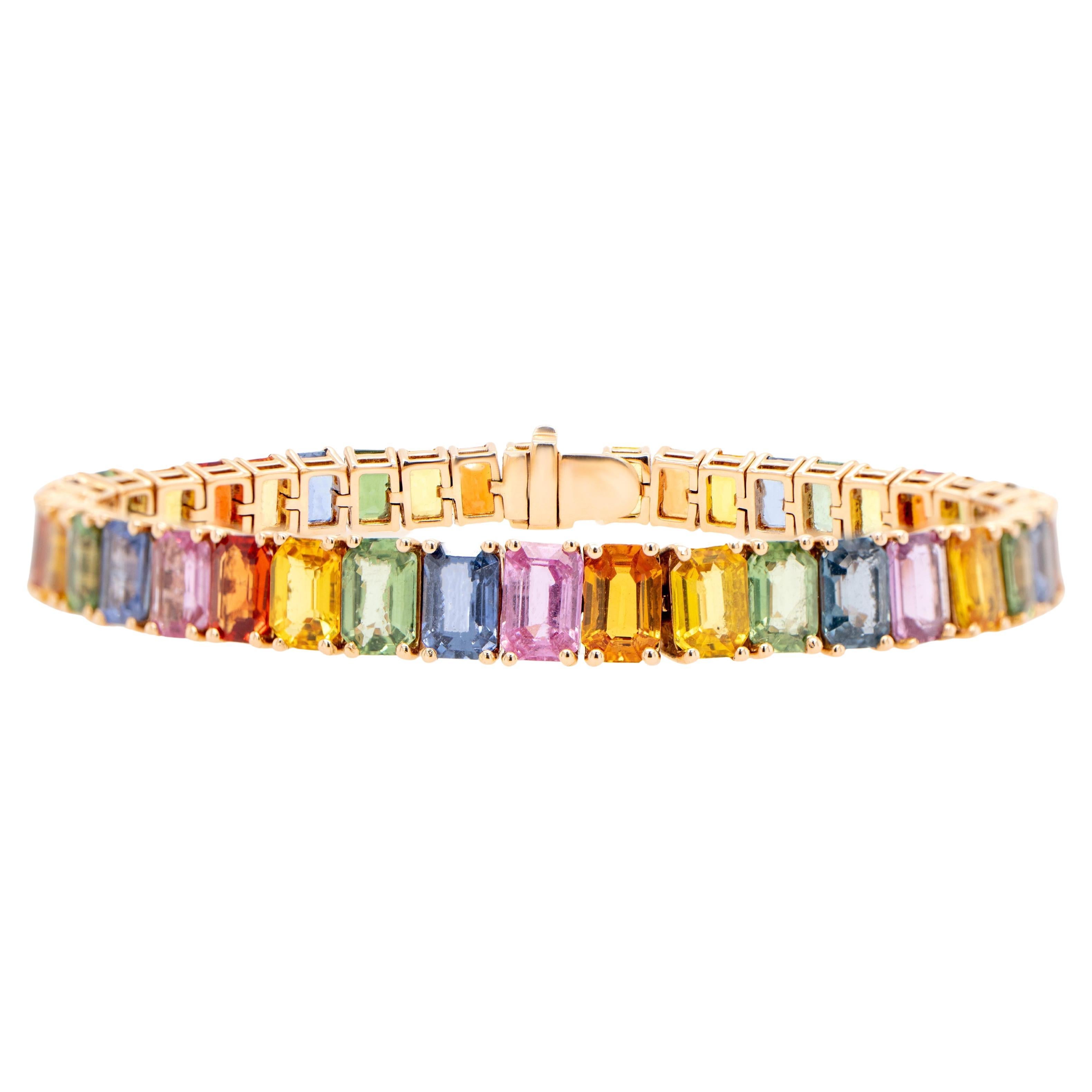 Multicolor Sapphires Rainbow Bracelet Diamond Halo 16.5 Carats 18K Rose Gold For Sale at 1stDibs