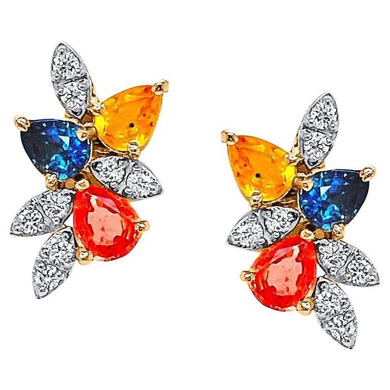 Multicolor Stones Pear Shape and Diamond Stud Earring in 18k Yellow ...