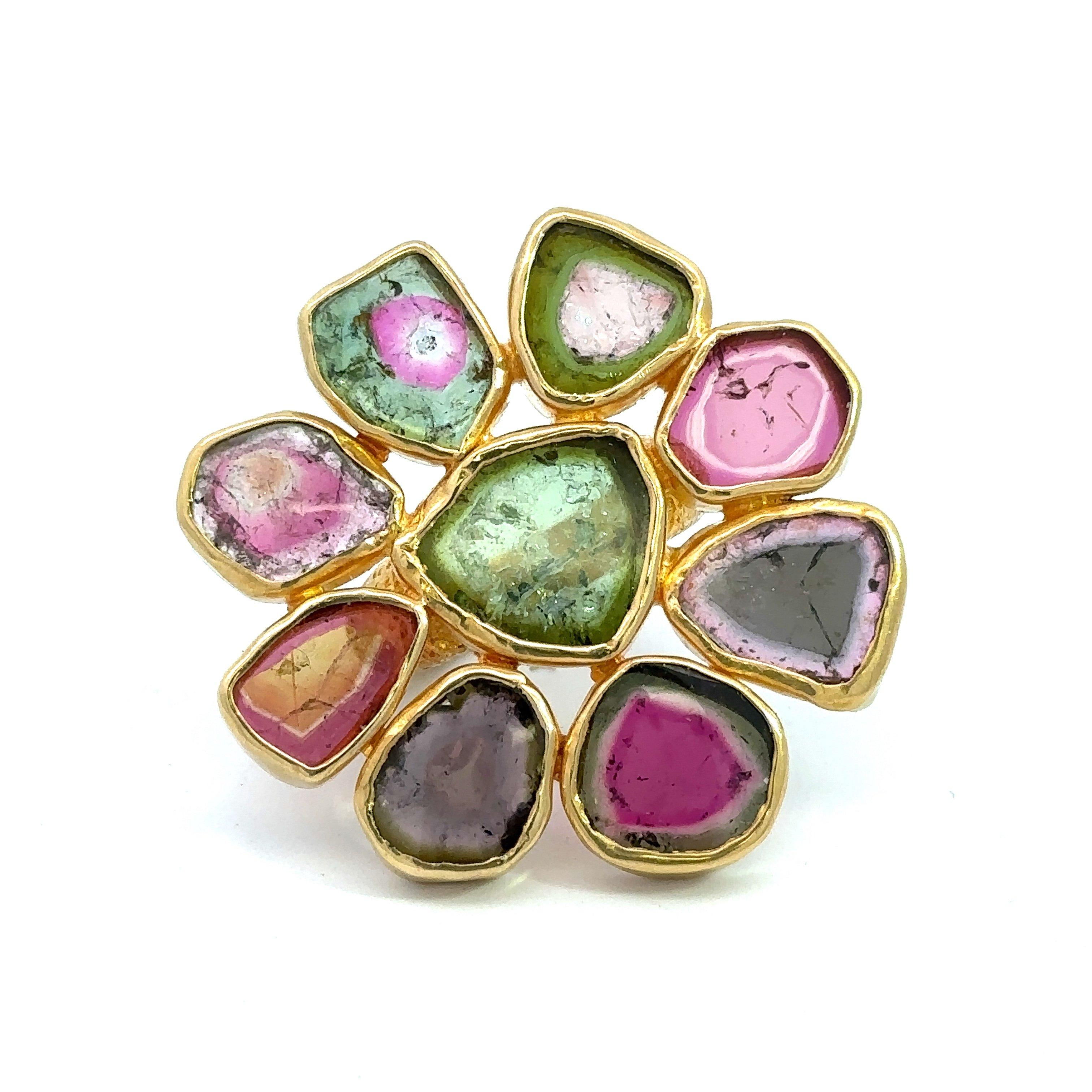 Multicolor Tourmaline Cocktail Ring, 21KT Yellow Gold For Sale at 1stDibs