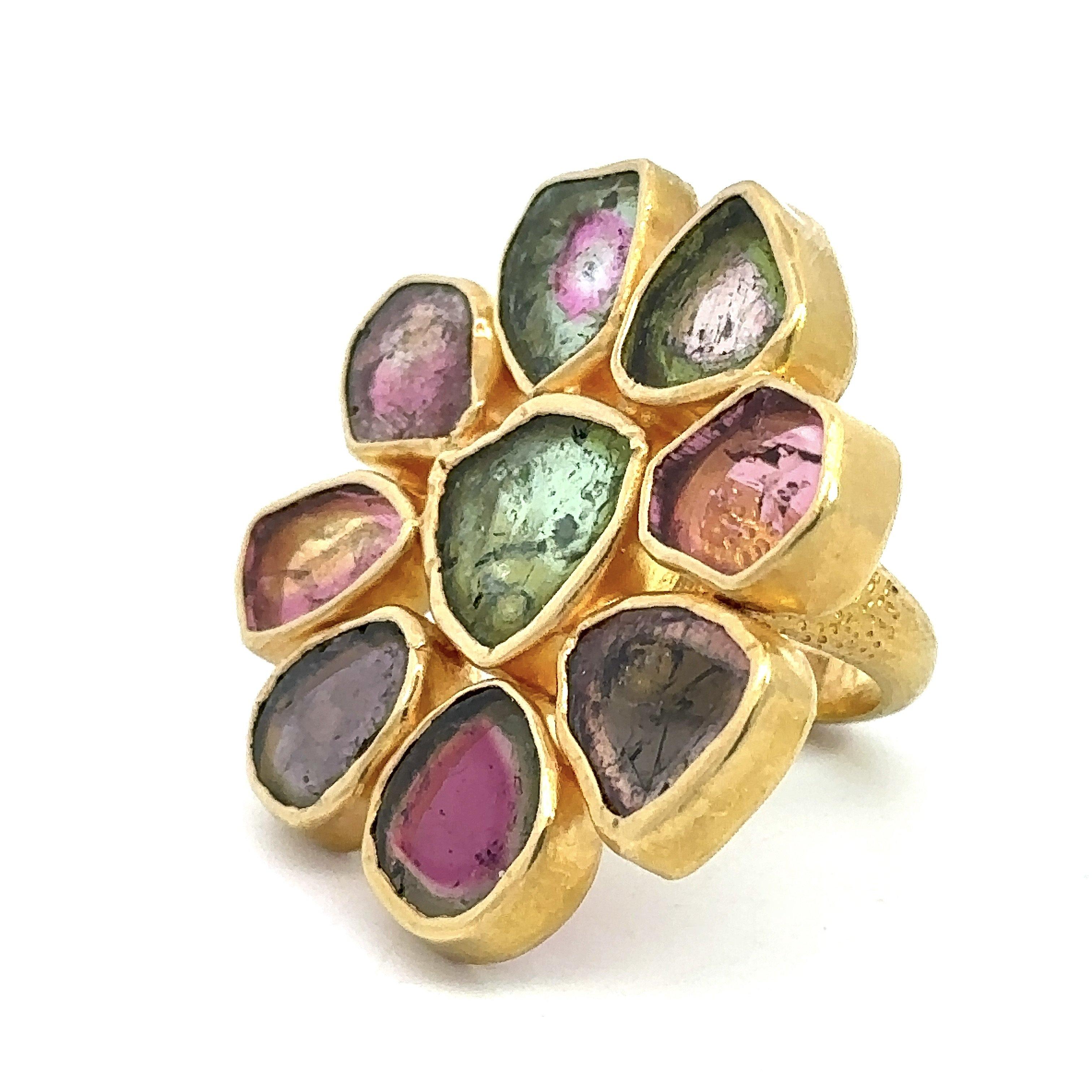 Multicolor Tourmaline Cocktail Ring, 21KT Yellow Gold For Sale at 1stDibs