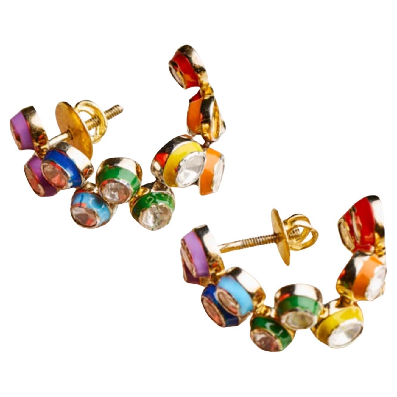 Contemporary Navratna Gold Hoop Earrings, Kahana Jewels, India, 22g For ...