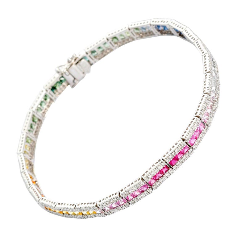 Multicolored Rainbow Sapphire and Diamond Bracelet at 1stDibs | rainbow ...