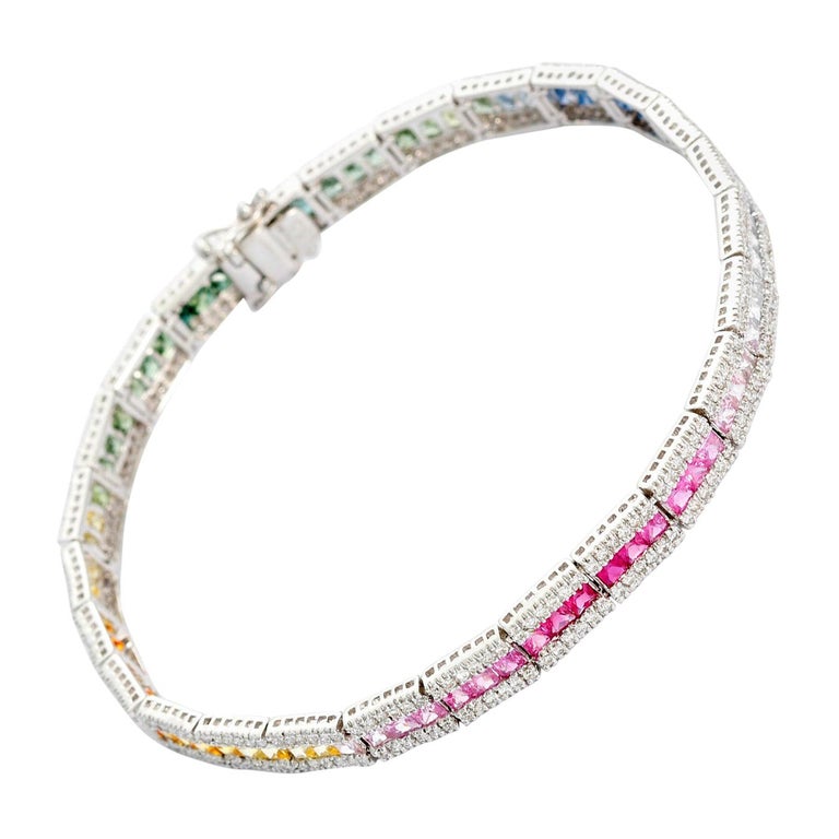 Multicolored Rainbow Sapphire and Diamond Bracelet at 1stDibs | rainbow ...