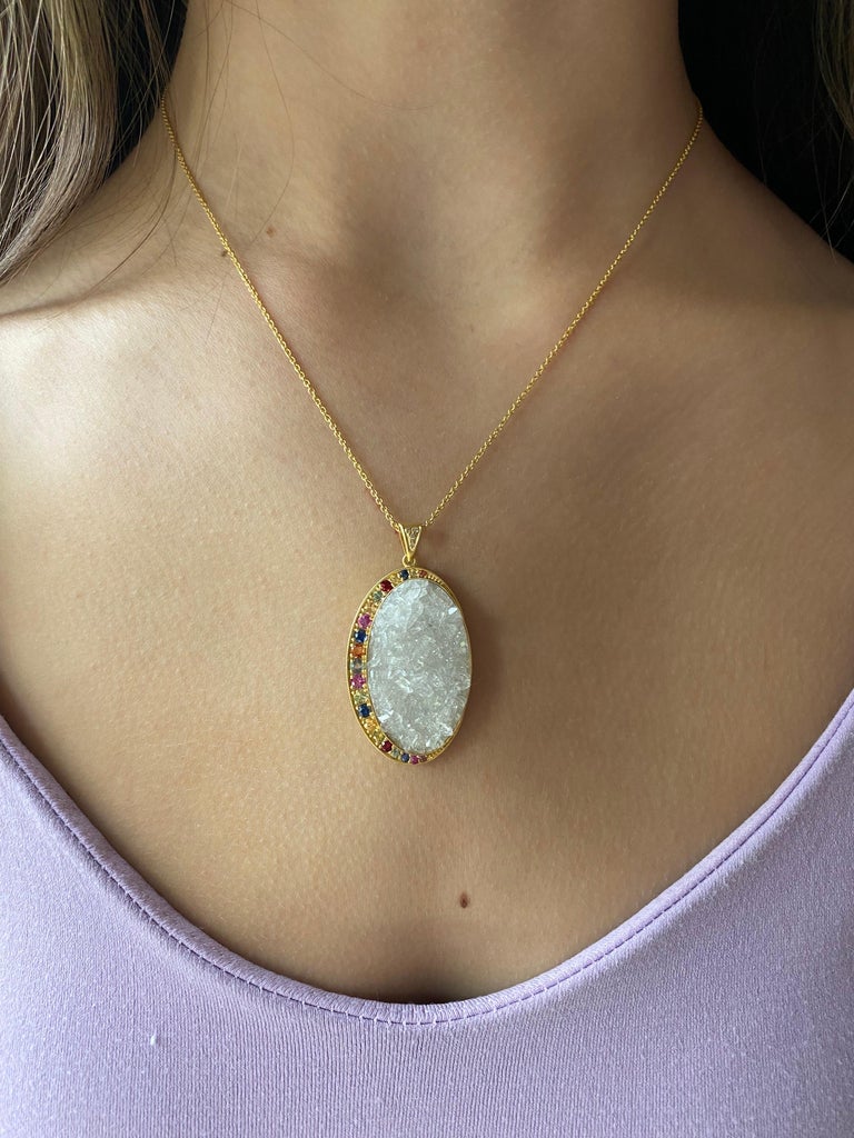 Multicolored Sapphires, Crystal Quartz, 18 karat Gold Oval Pendant ...